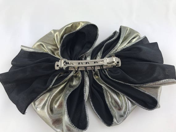 Vintage Large Silver Lame Hair Barrette, Silver Bow C… - Gem