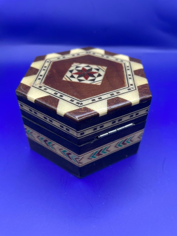 Vintage Inlaid Wooden Box, Hexagon Hinged Box, Small … - Gem