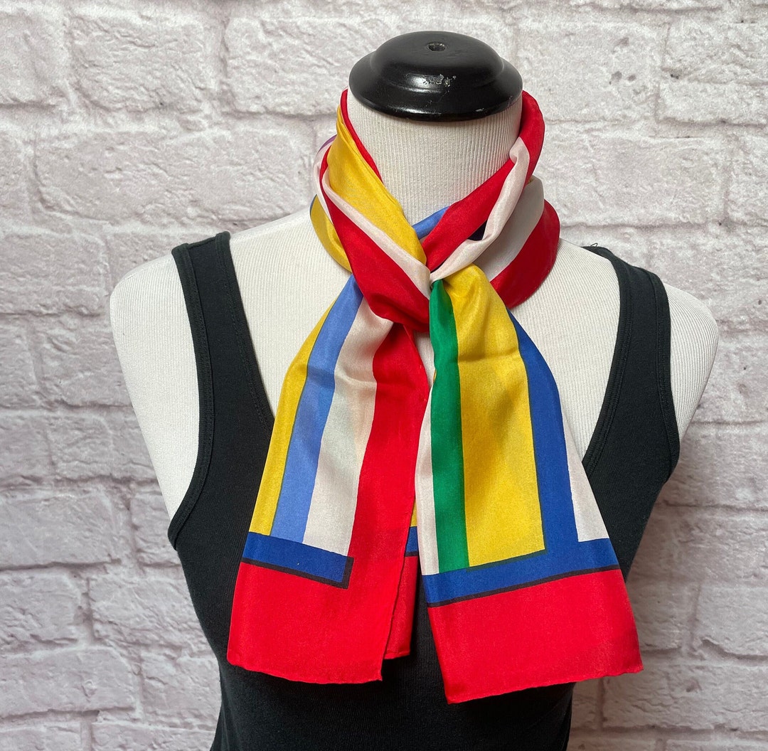 Vintage Long Striped Genuine Silk Scarf, Rainbow Scarf, Colorful Scarf ...