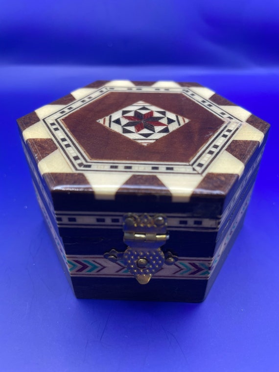 Vintage Inlaid Wooden Box, Hexagon Hinged Box, Small … - Gem