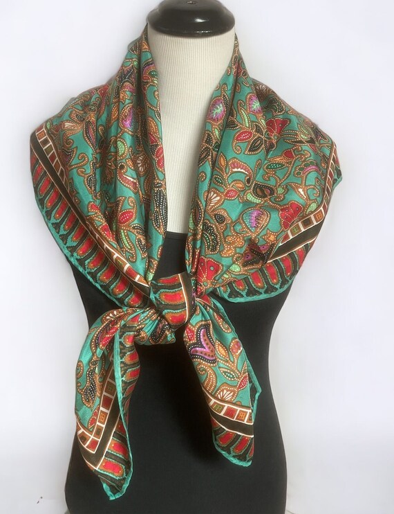 Vintage Large Square Green Silk Scarf, Colorful Summe… - Gem