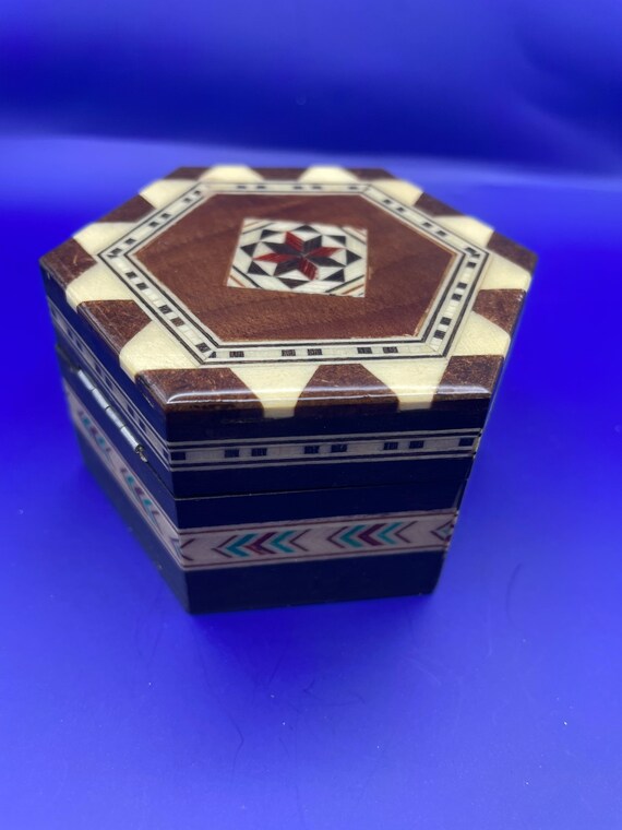 Vintage Inlaid Wooden Box, Hexagon Hinged Box, Small … - Gem