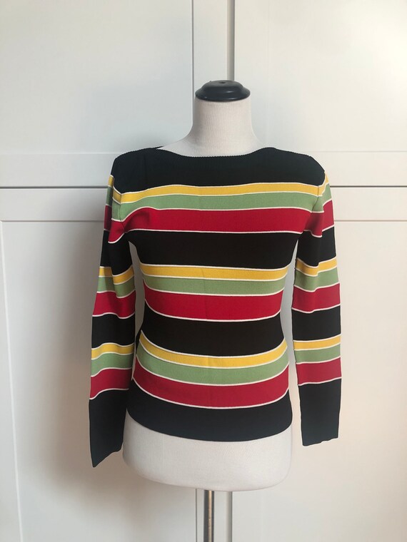 Vintage 70s Collared Ribbon Bohemian Strip Blouse, El… - Gem
