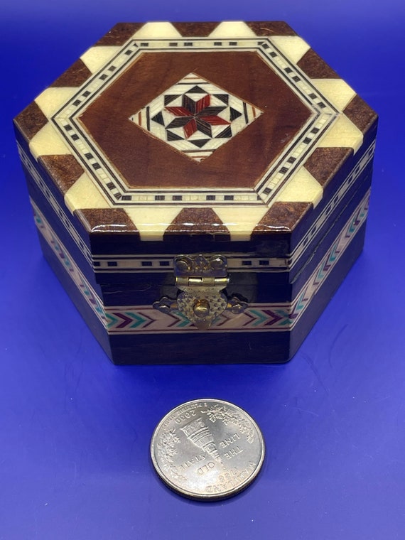 Vintage Inlaid Wooden Box, Hexagon Hinged Box, Small … - Gem