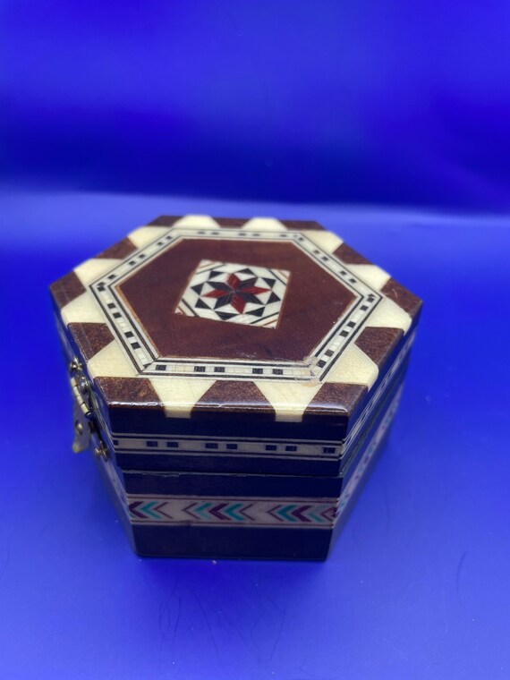 Vintage Inlaid Wooden Box, Hexagon Hinged Box, Small … - Gem