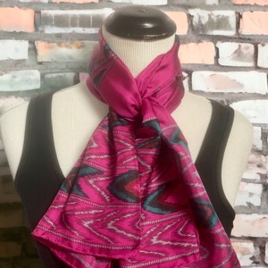 Vintage Fuchsia Long Silk Scarf, Geometric Pattern Scarf, Pink Scarf ...