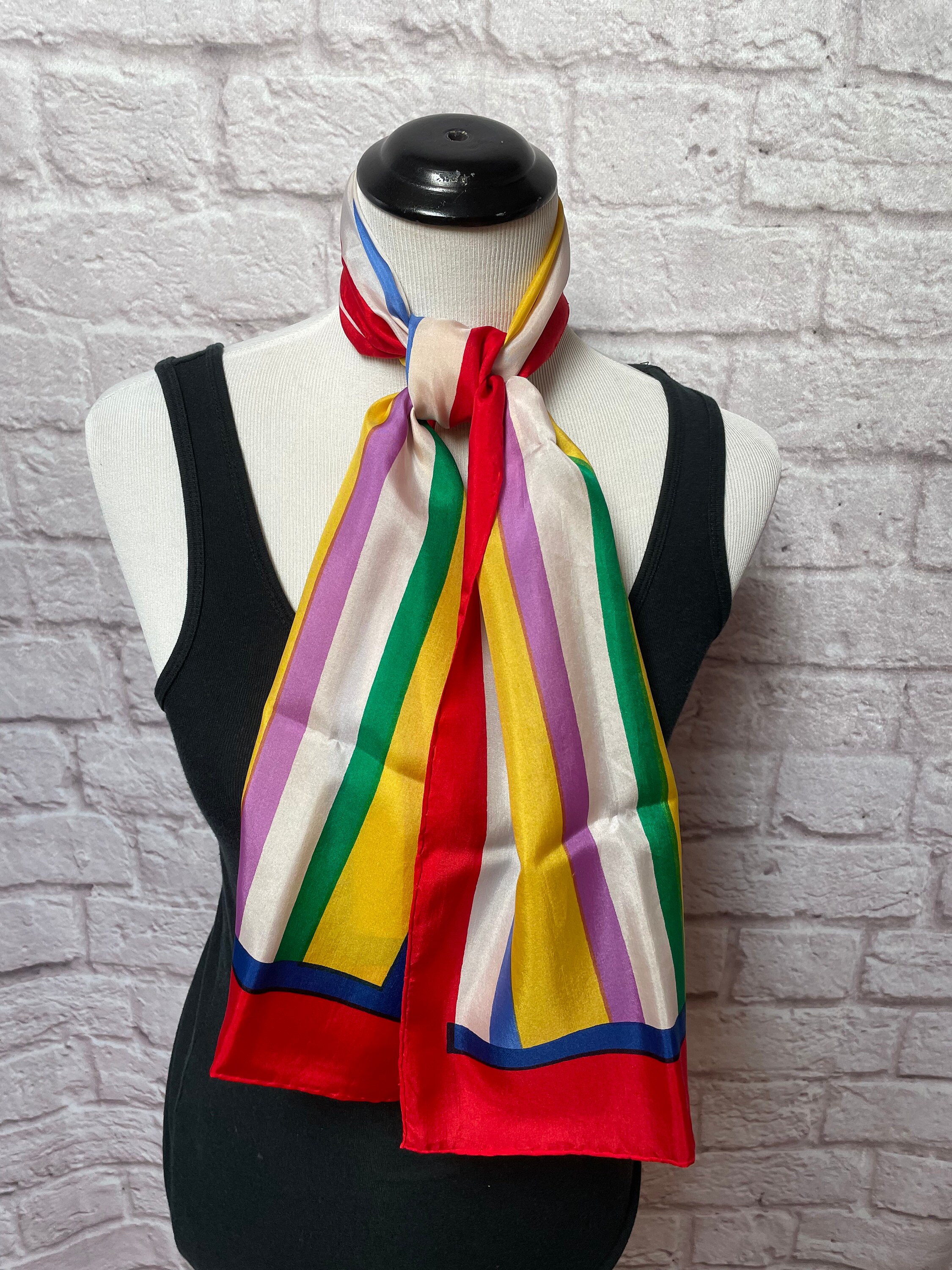 Vintage Long Striped Genuine Silk Scarf, Rainbow Scarf, Colorful Scarf ...