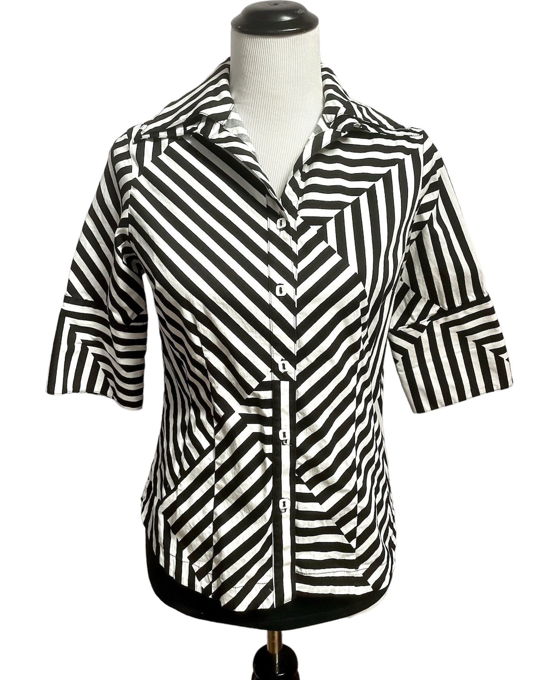 Vintage Black and White Striped Blouse, Short Sleeve Shirt, Cotton ...