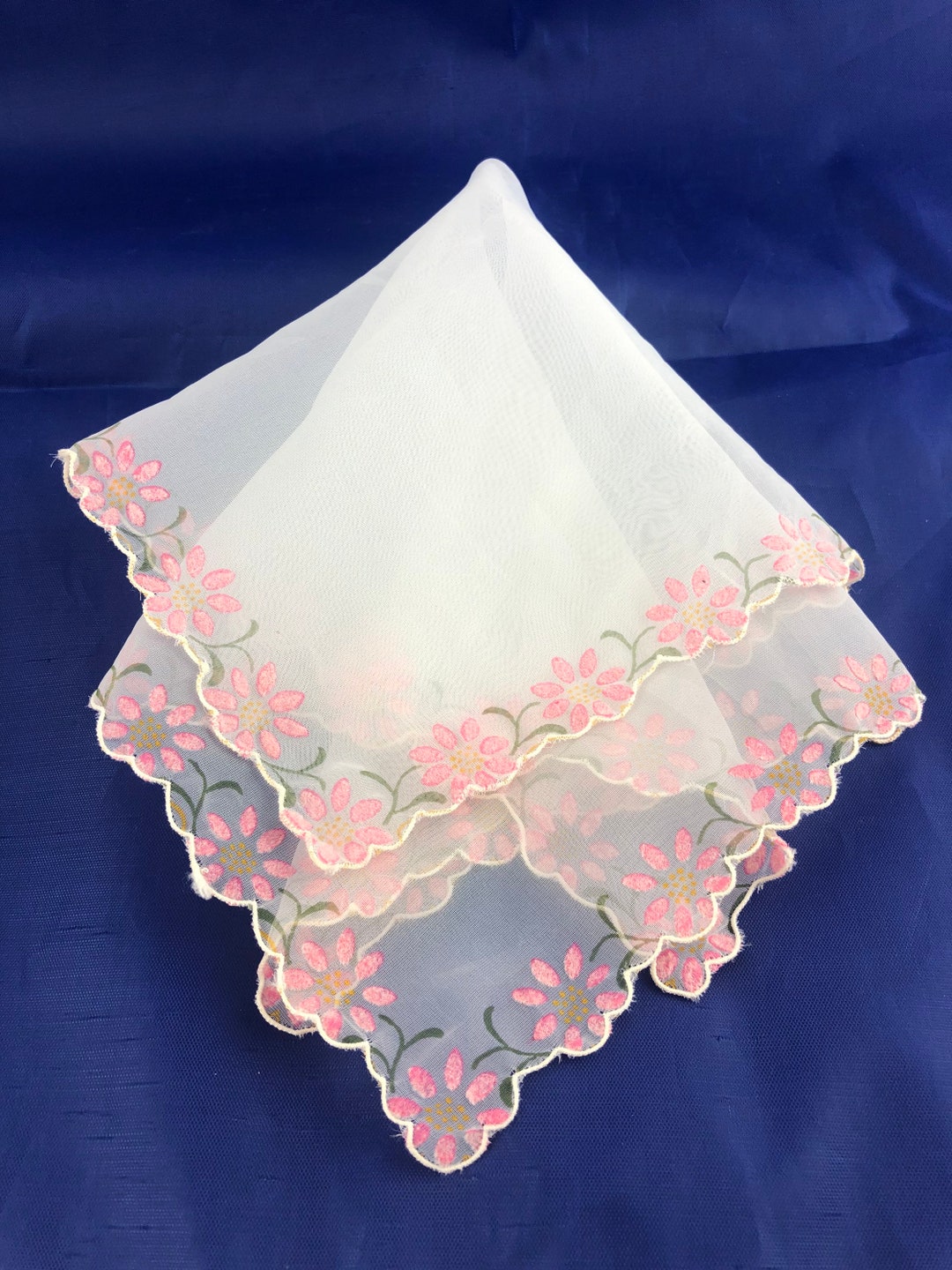 Vintage White Sheer Handkerchief With Pink Embossed Flowers and ...