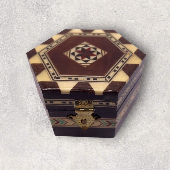 Vintage Inlaid Wooden Box, Hexagon Hinged Box, Small … - Gem