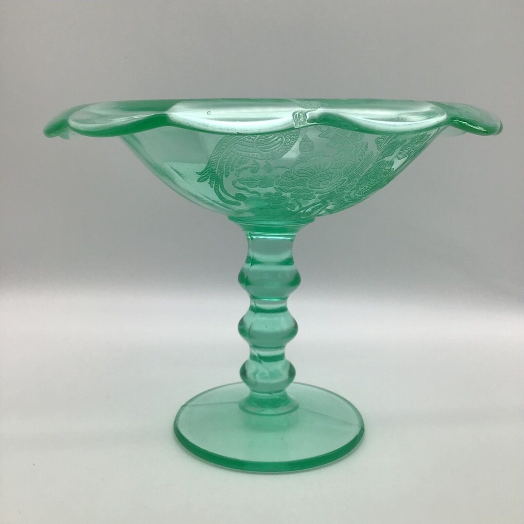 Paden City Peacock & Wild Rose Green Depression Glass Compote Dish 6.25 ...
