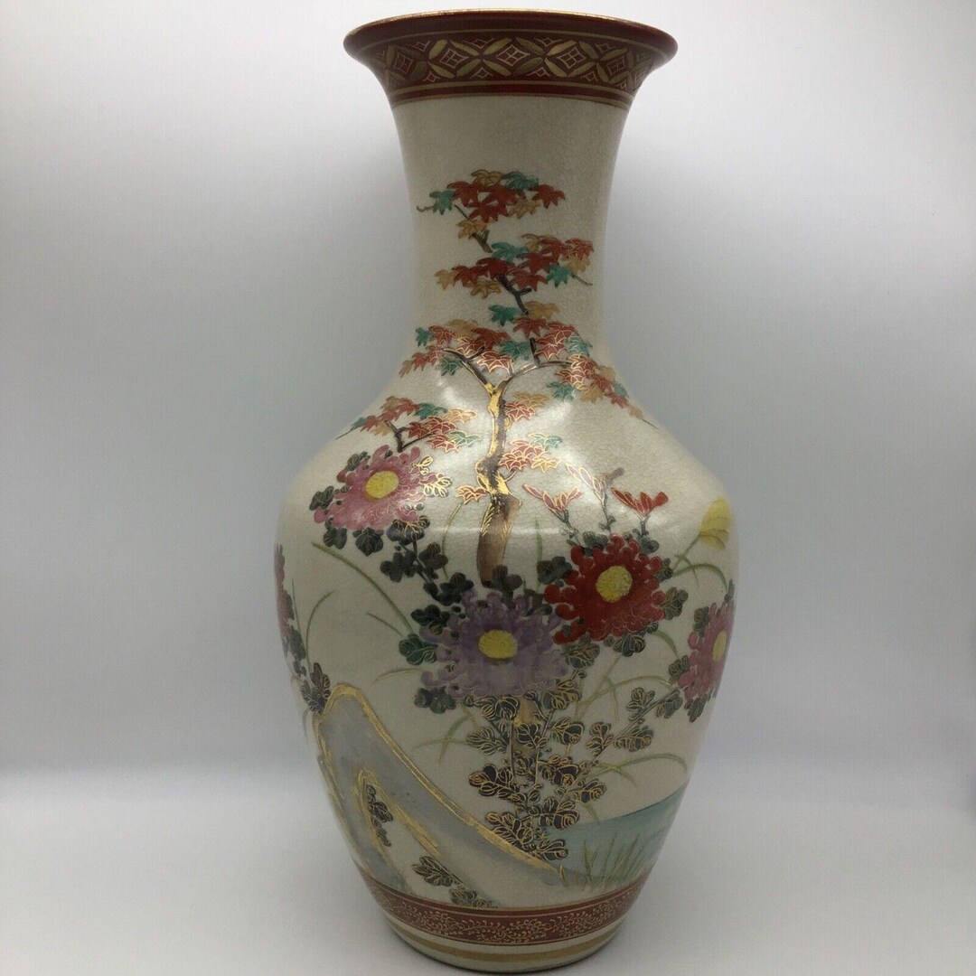 Satsuma Ware Vase Japanese Hand Painted Florals 15 Inch Marked/sticker ...