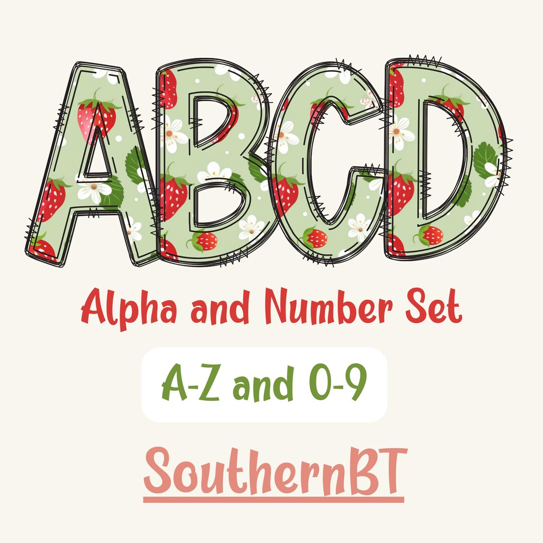 Strawberries, Flowers, Full Alphabet and Numbers, Colorful, Green, PNG ...