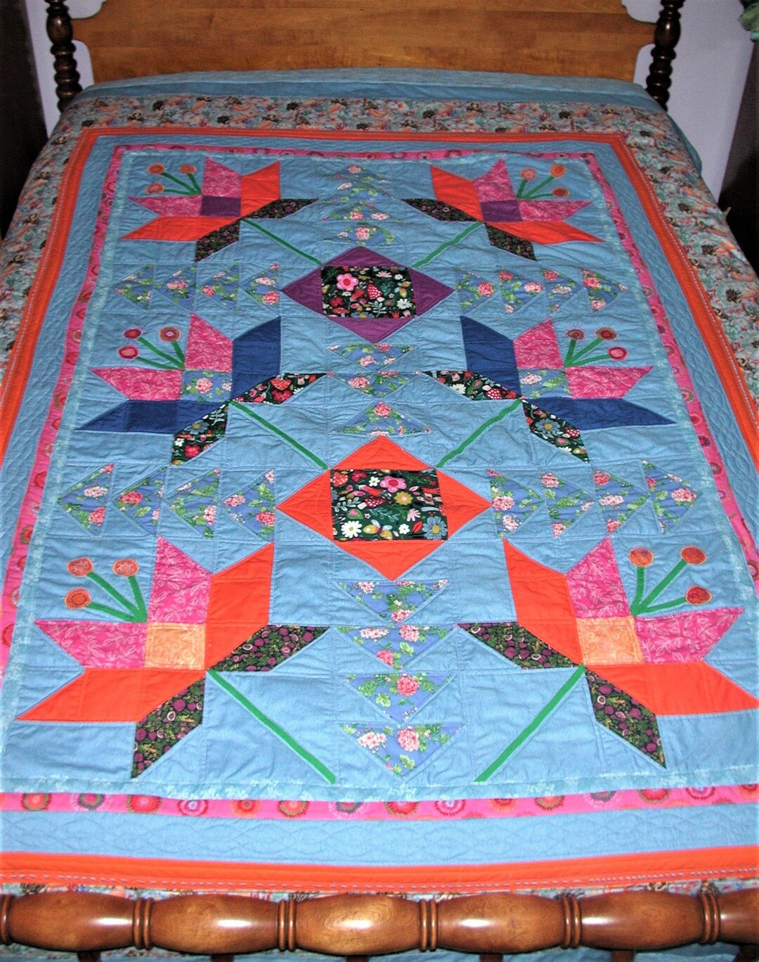 Light Blue Twin Quilt, Handmade Patchwork Quilt, 92 by 70, Blue, Pink ...