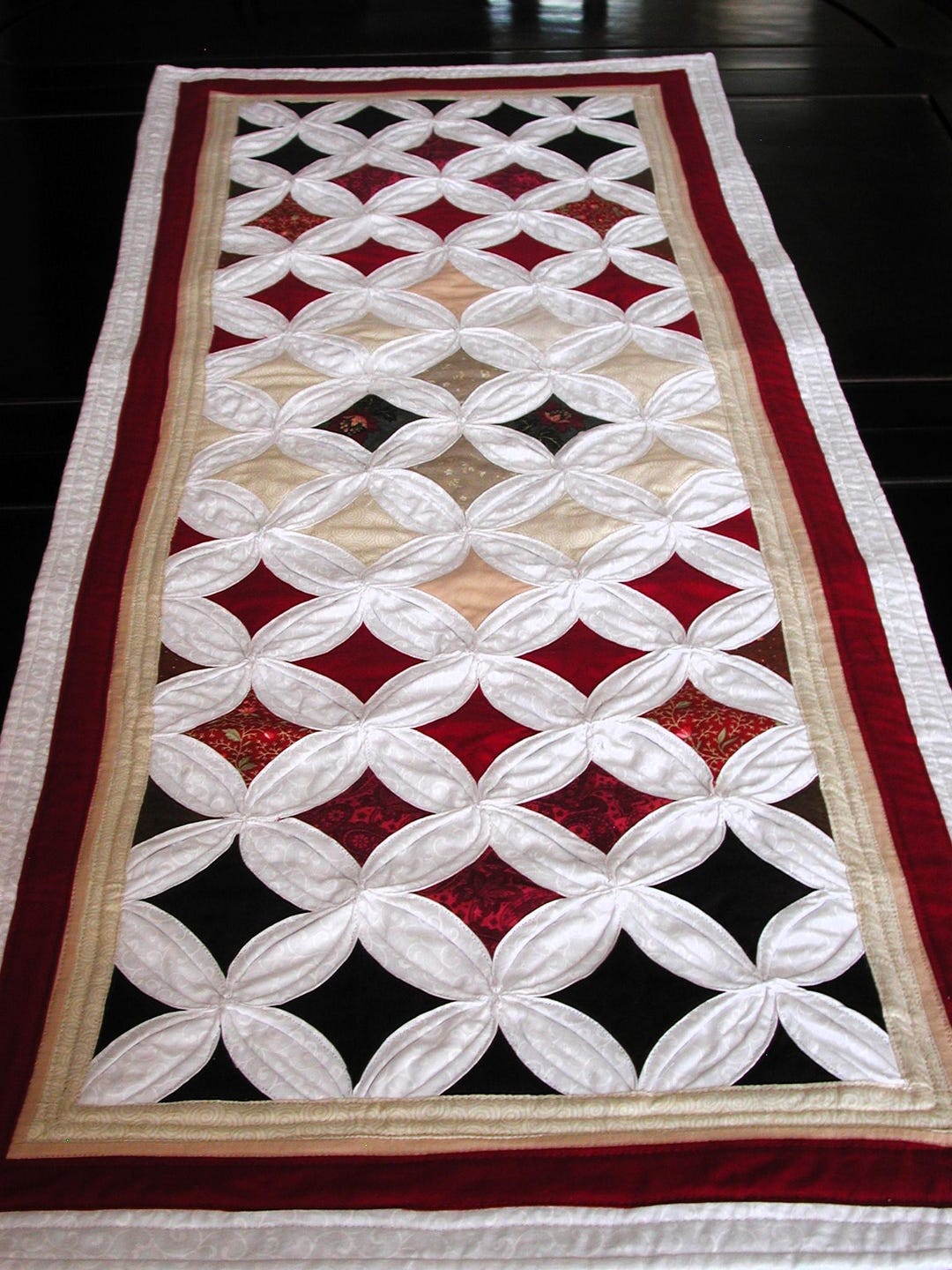 Handmade Quilted Table Runner in Cathedral Window Pattern, Red, Brown ...