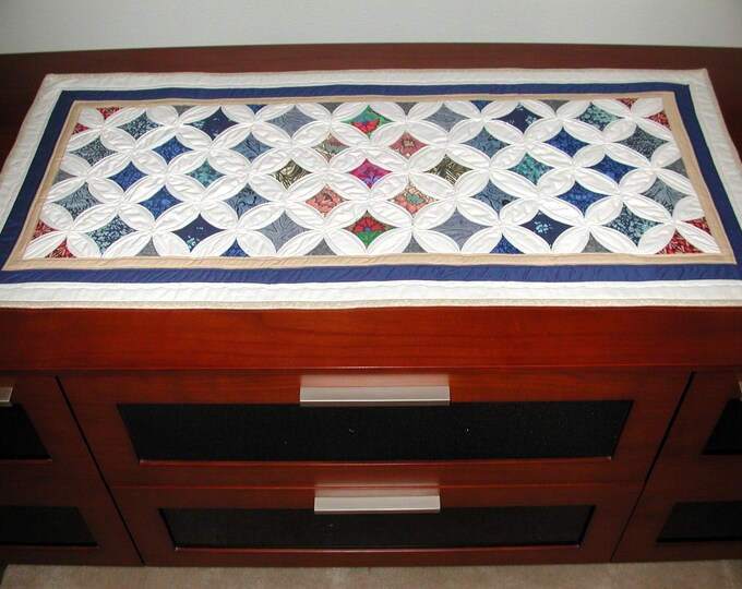 Handmade Quilted Table Runner in Cathedral Window Pattern, White, Blue, Beige Cotton, 16 1/2" by ...