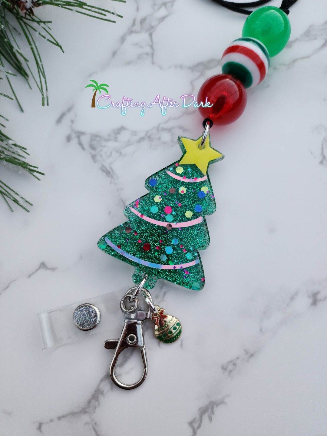 Christmas Tree Lanyard, Christmas Badge Holder, Glitter Beaded Lanyard ...