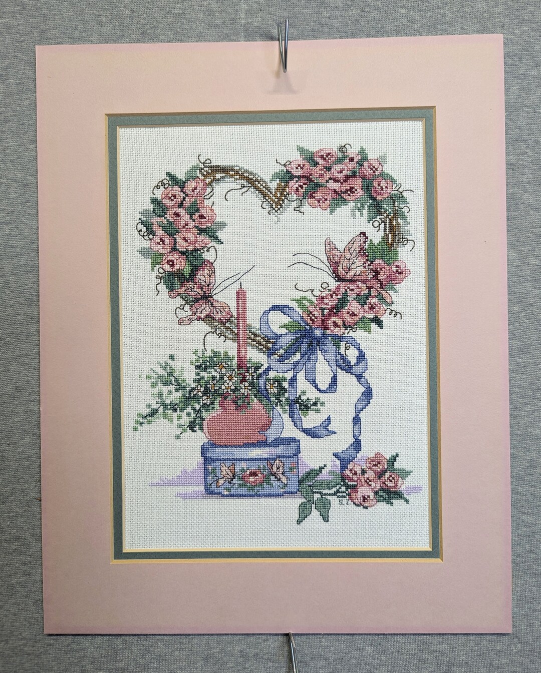 Pink Heart Cross Stitch With Mat Candle and Flowers - Etsy