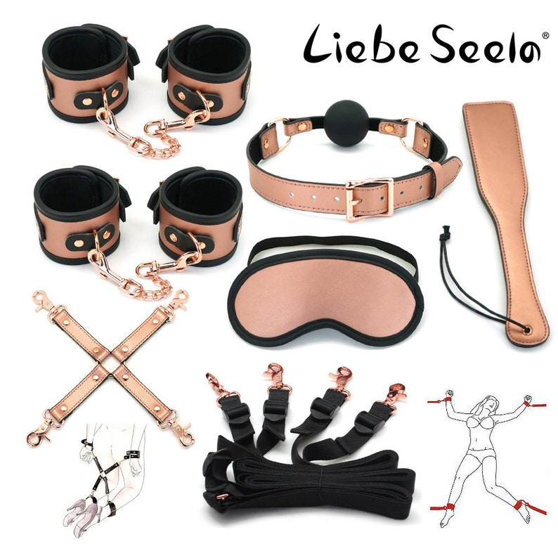 Lindo Juego Bdsm De Cuero A Juego En Oro Rosa 7 Piezas Esposas Etsy
