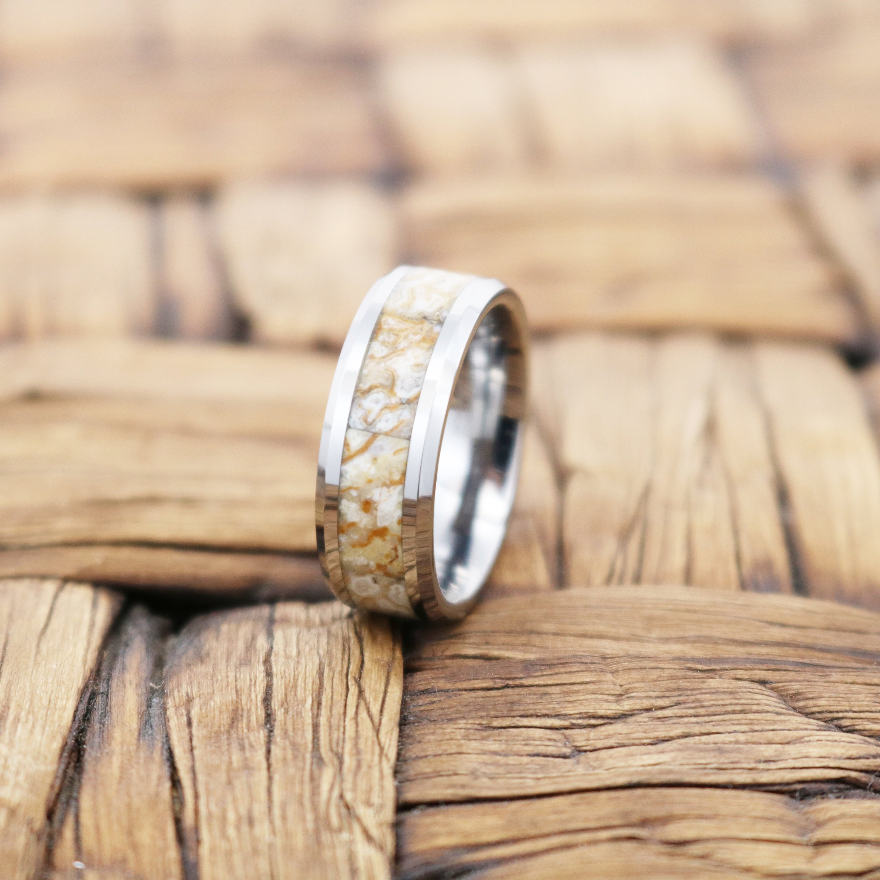 Dinosaur Bone Ring White Tungsten Wedding Band Silver | Etsy