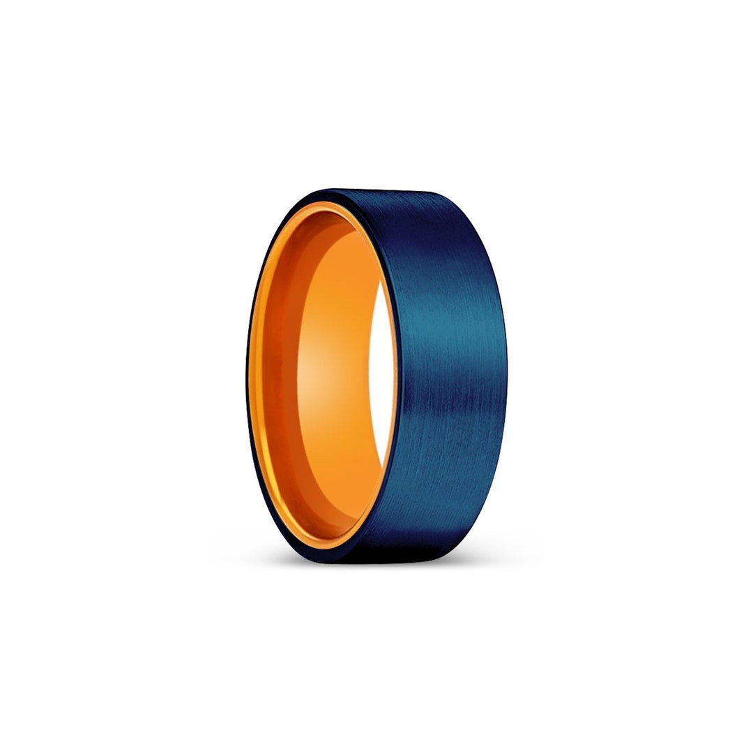 RYSER | Blue Brushed Flat Tungsten Ring Orange Inside, Mens Tungsten ...