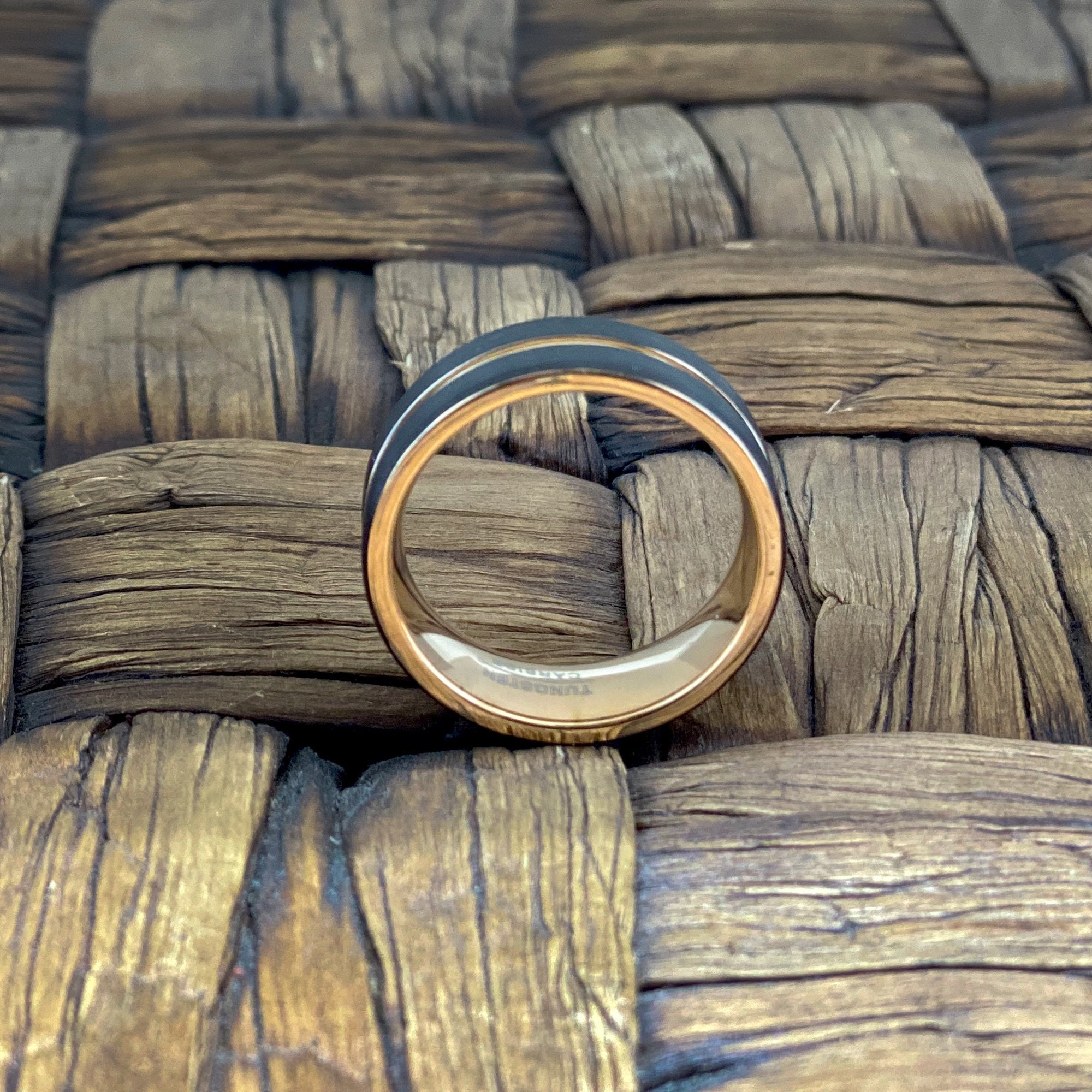 Black Brushed Mens Tungsten Carbide Wedding Ring With Rose | Etsy