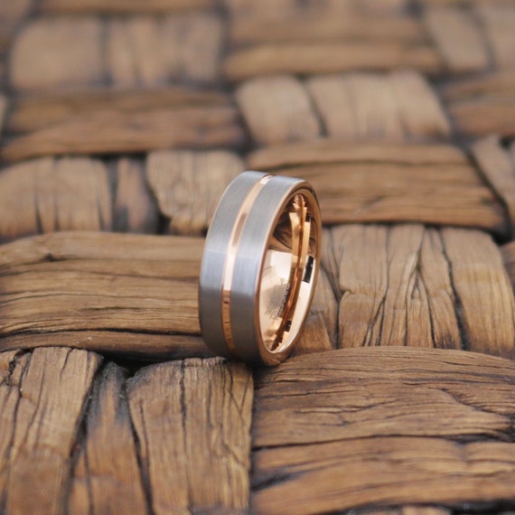 Silver Brushed Mens Tungsten Carbide Wedding Ring With Rose | Etsy