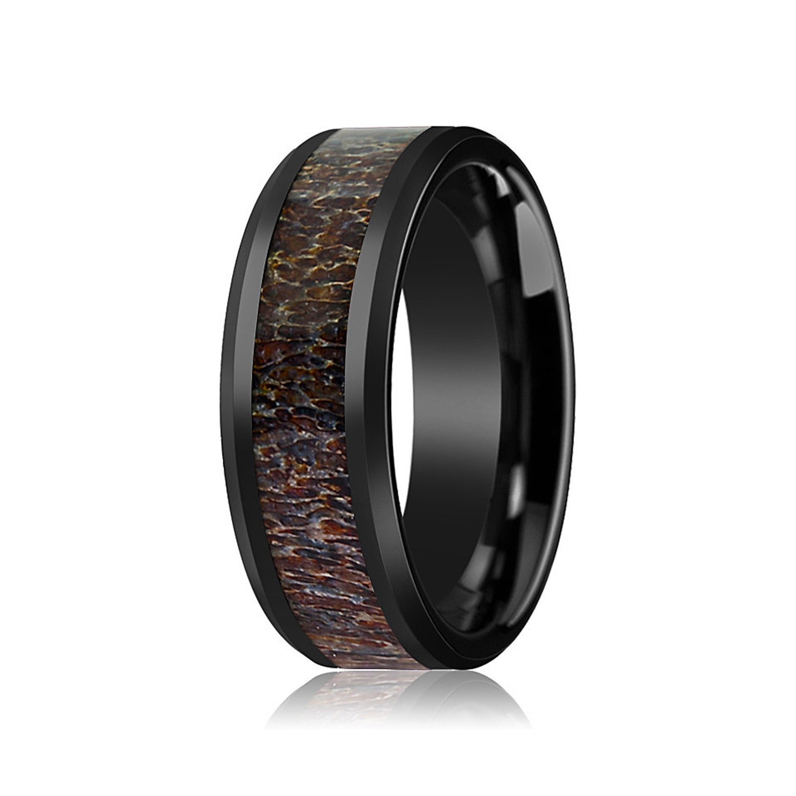 Deer Antler Ring Dark Brown Antler Inlay Black Ceramic Ring - Etsy