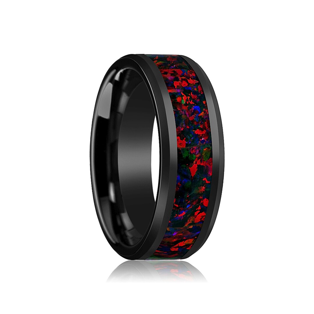 Black Opal Inlay, Ceramic Wedding Band, Black Wedding Band, Men's ...