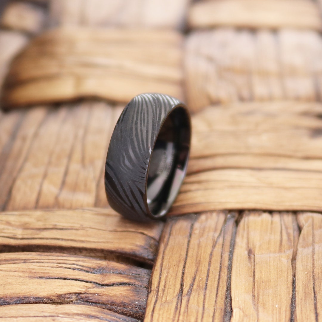 Damascus Pattern Tungsten Wedding Band, Black Tungsten Ring, Mens ...