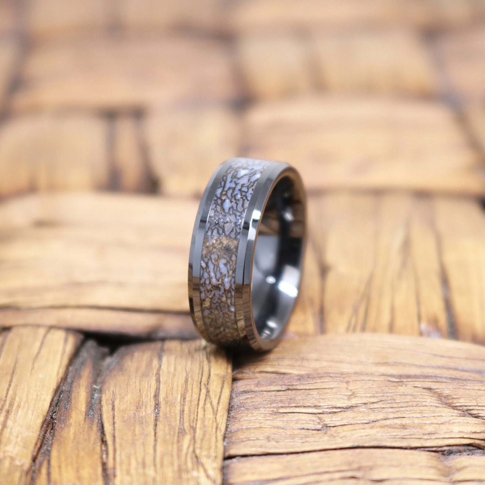 Blue Dinosaur Bone Mens Wedding Band Black Ceramic Engagement | Etsy