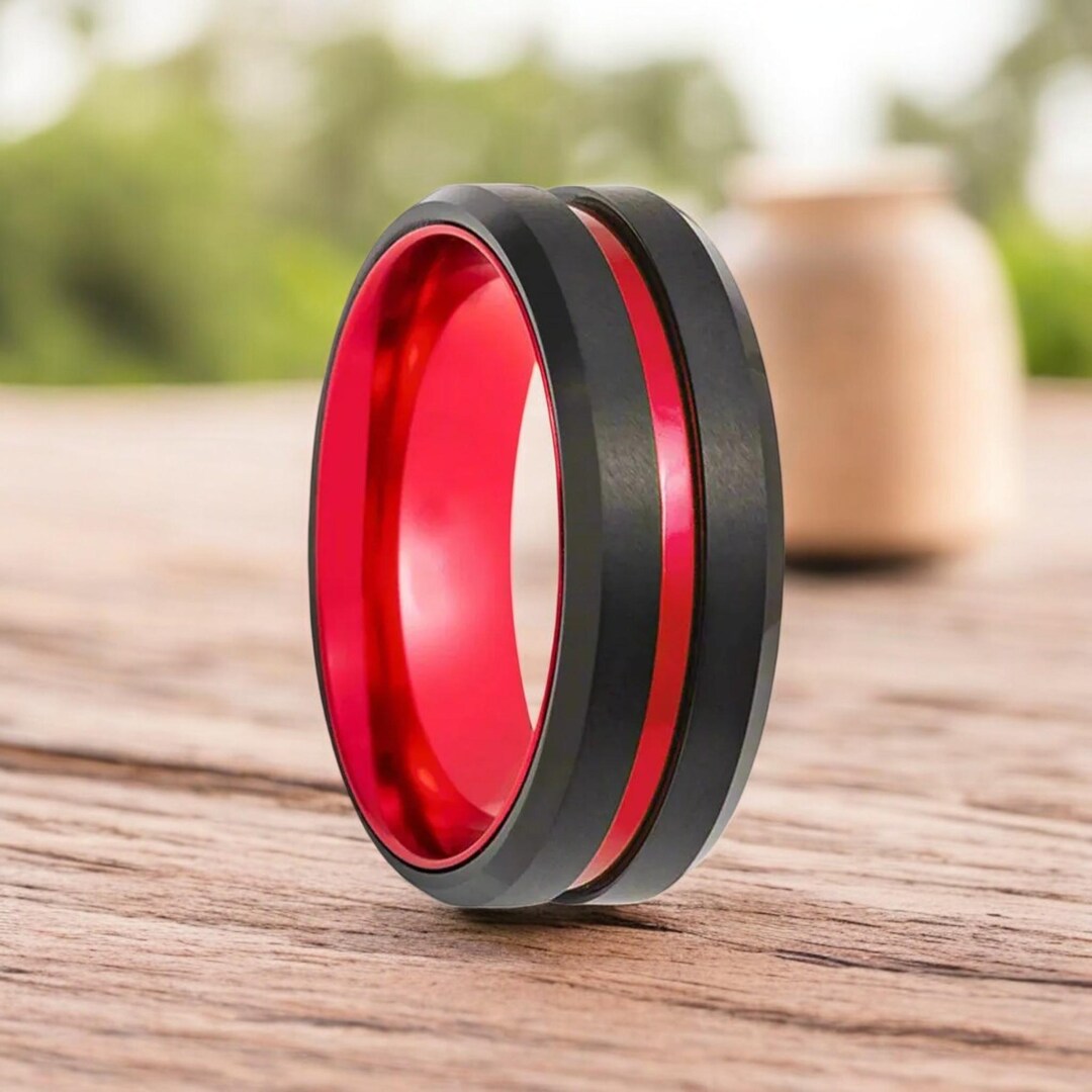 Black Tungsten Ring With Red Groove & Red Interior - Beveled Wedding ...