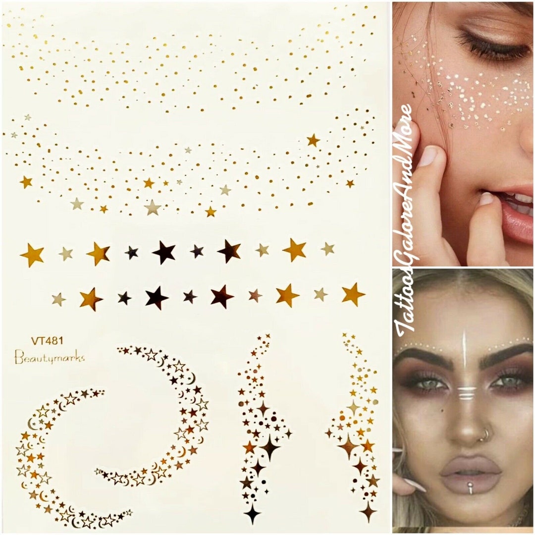 Gold Face Temporary Tattoo, Stars, Swirls, Halloween, Metallic ...