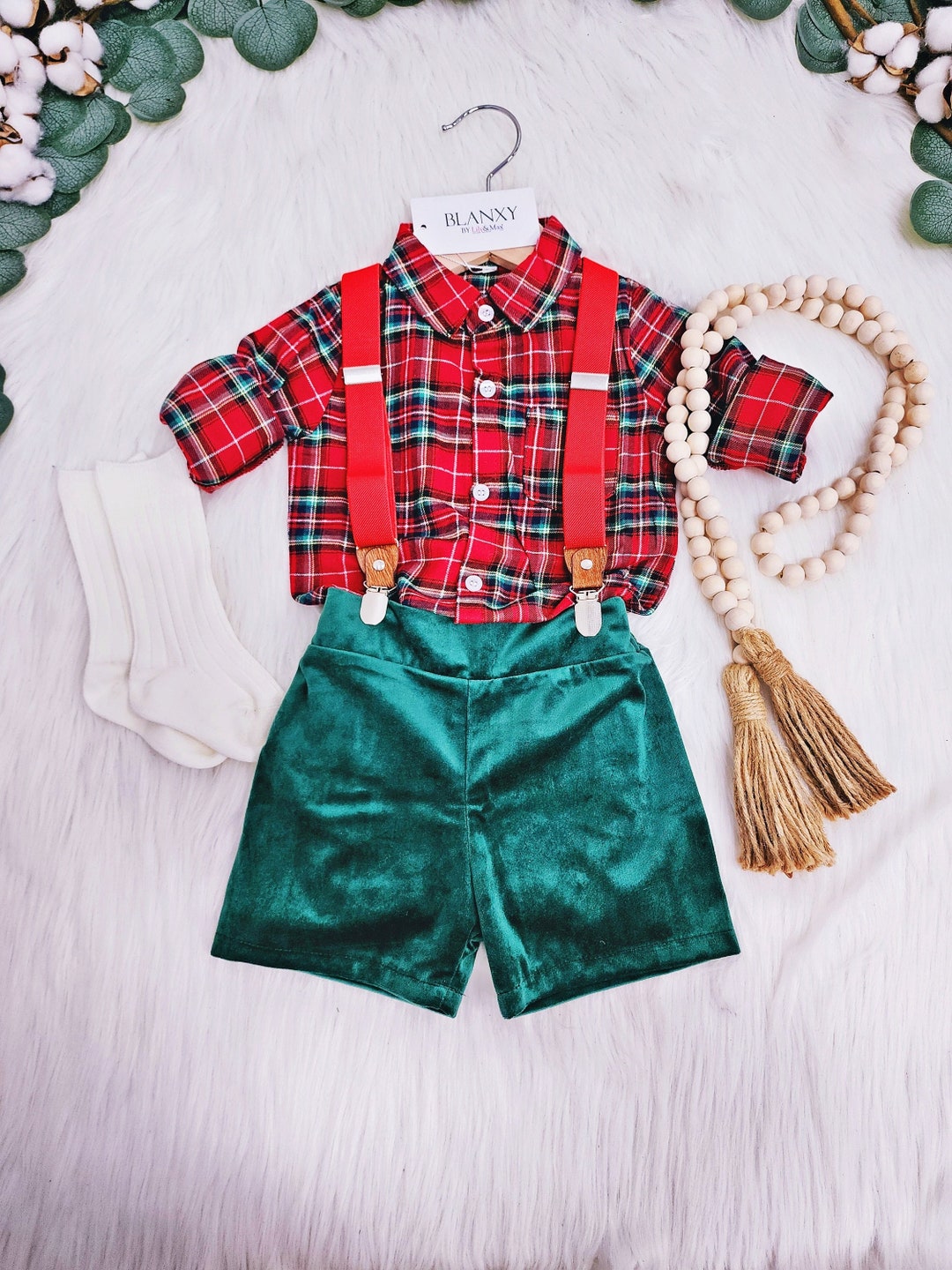 Christmas Boy Outfit: Tartan Shirt, Velvet Shorts & Suspenders - Etsy