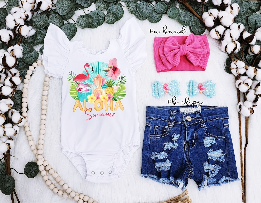 Pink Flamingo Summer Girls Outfit, Summer Aloha Girls Outfit, Ripped ...