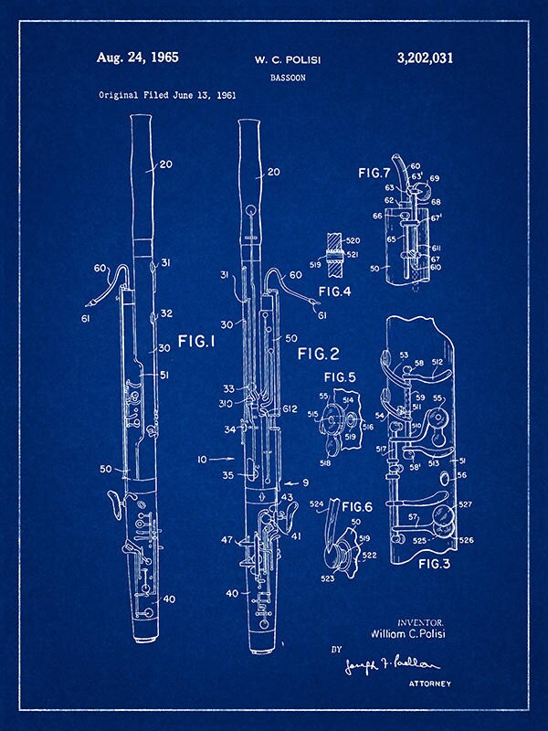 Bassoon 1965 Patent Print - Musical Instrument, Classical Music, Music ...