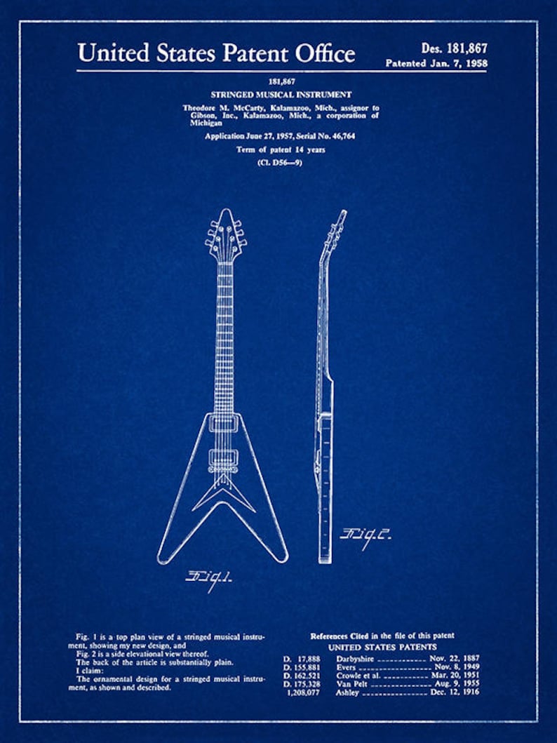 Gibson Flying V 1958 Patent Print - Guitar Gift, Electric Guitar, Les ...