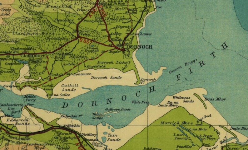 Vintage Map Sutherland | Old Map of Dornoch, Tain, Bonar Bridge, Lairg ...