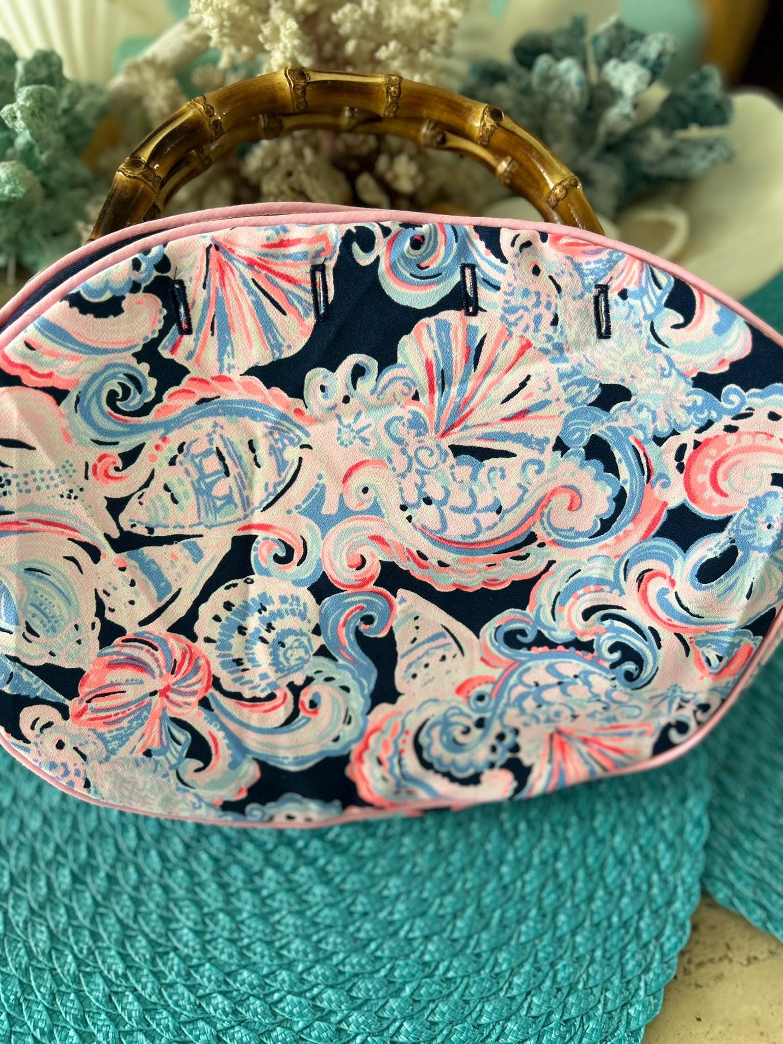Bermuda Bag With Bamboo Handle & Cover With Embroidered Turtle Design ...