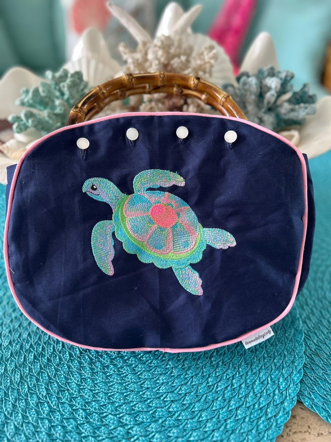 Bermuda Bag With Bamboo Handle & Cover With Embroidered Turtle Design ...