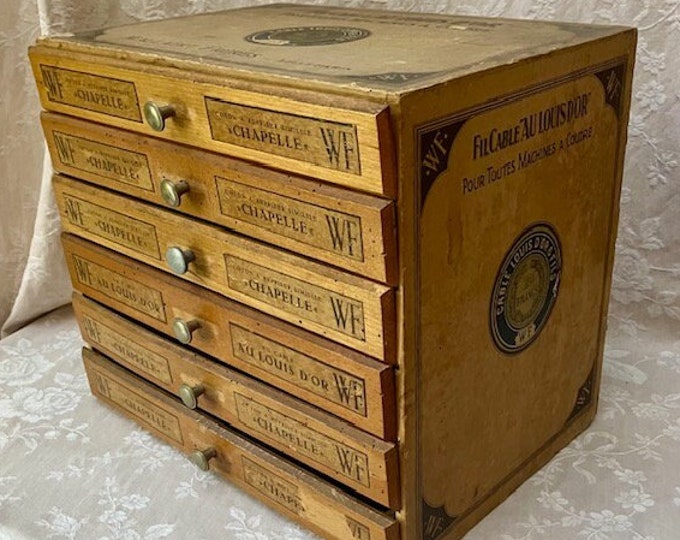 Antique French Thread Spool CABINET Au Fil D'or Paris 6 Wooden Drawers ...