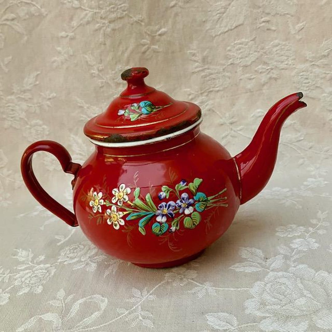 Gorgeous Shiny Antique Enameled Red TEAPOT TEA Pot French/belgian ...