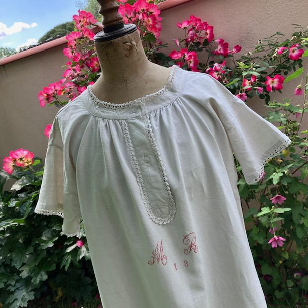 AMAZING Dowry Nightgown Monogram M R Numbered 18 French Linen 1890 ...