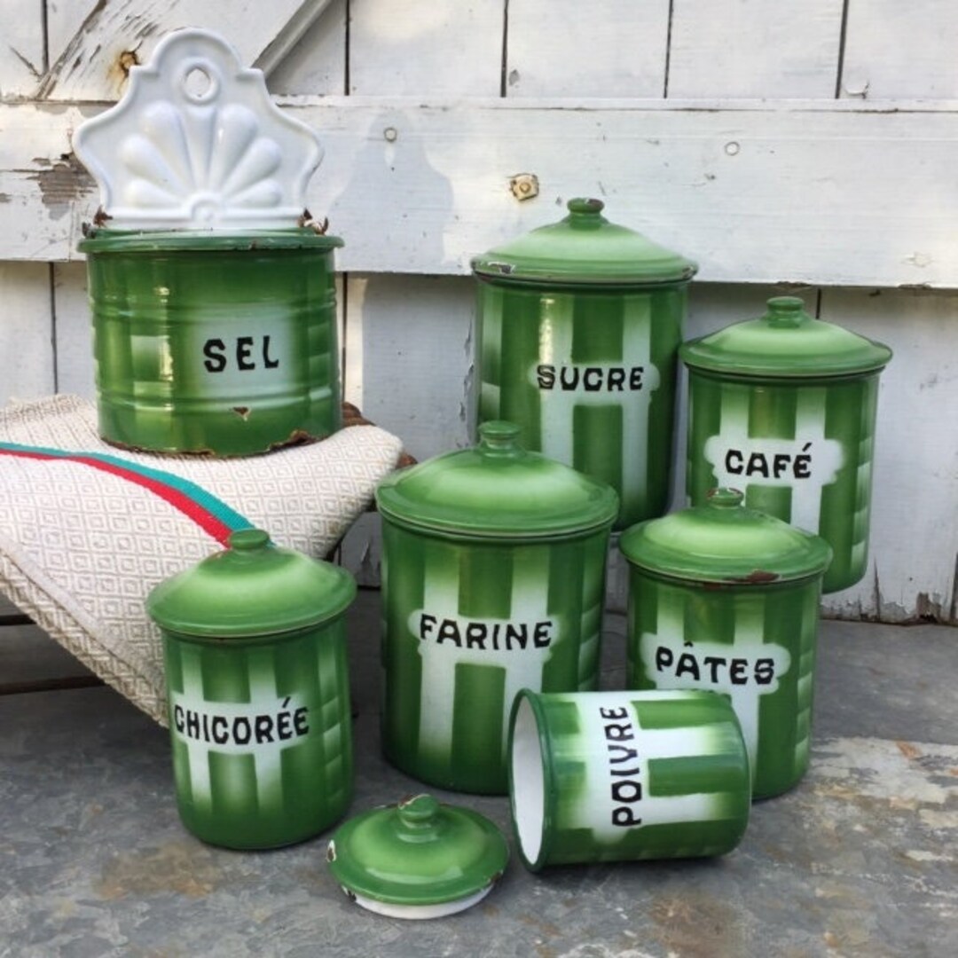 Lot Rare Vtg Old Green Enamelware CANISTER SET 6 Jars Pots Wall Salt ...