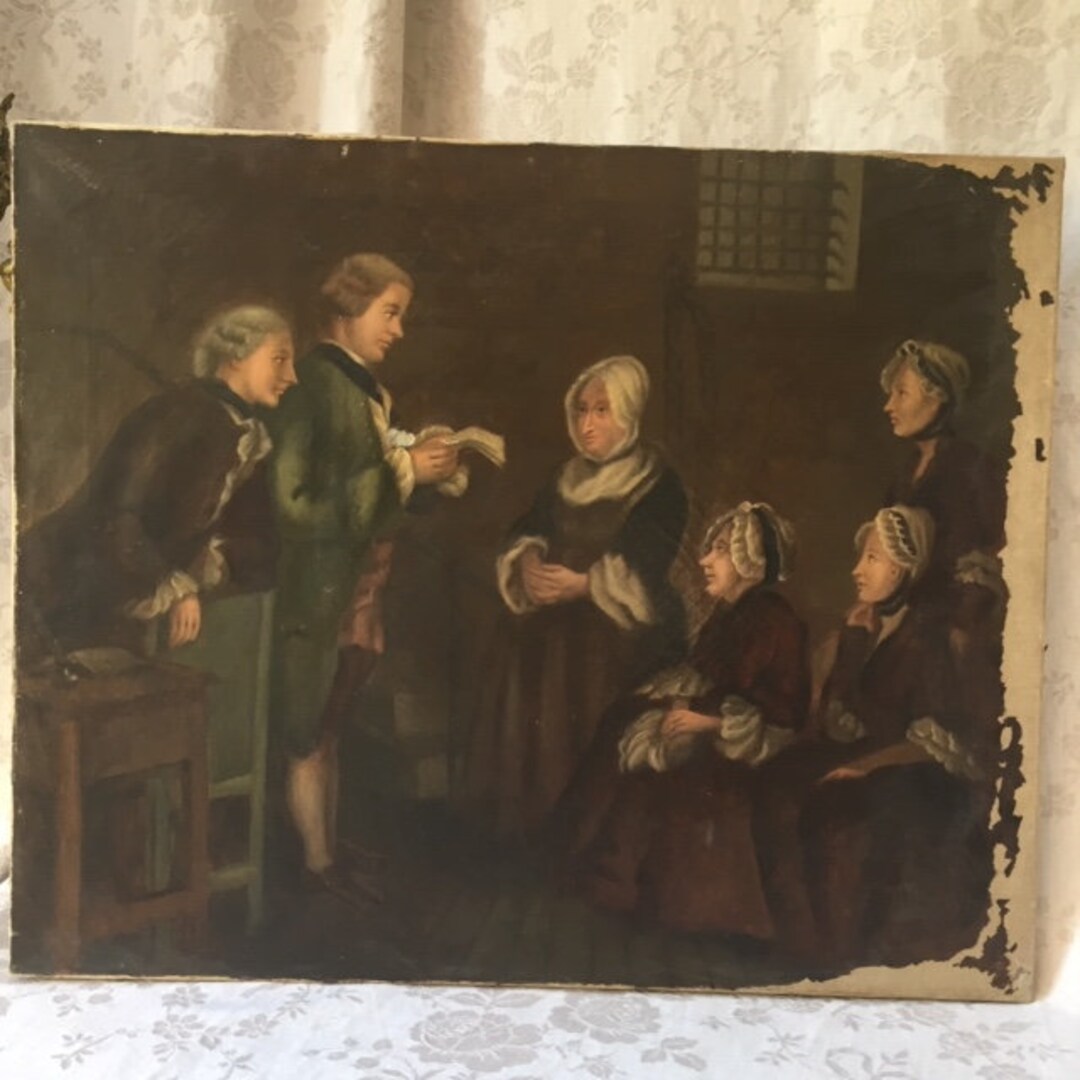 Primitive Vtg Antique FRENCH OIL PAINTING the Sentence in the Jail 18th ...