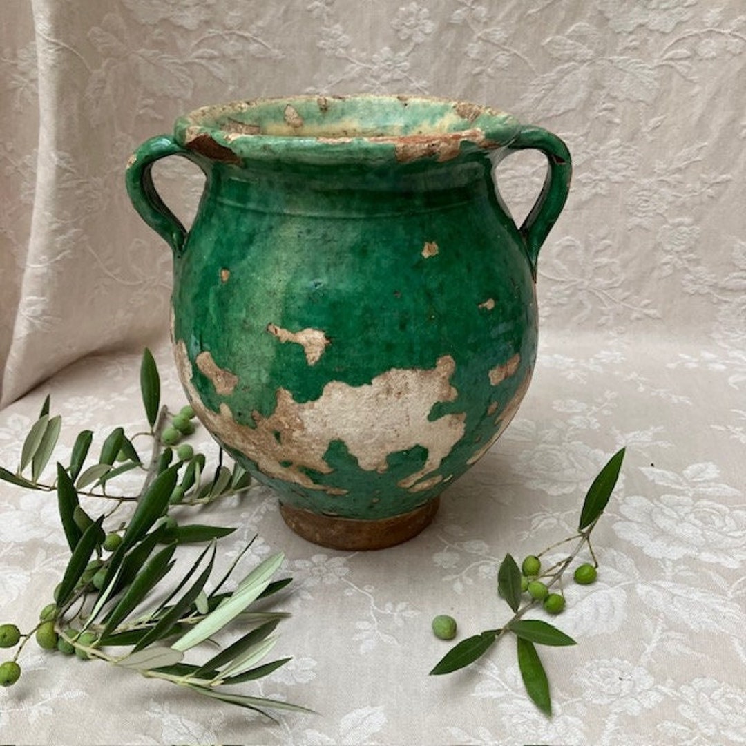 Fab 8.25" Timeworn Antique French GREEN Confitpot Confy Pot Chippy ...