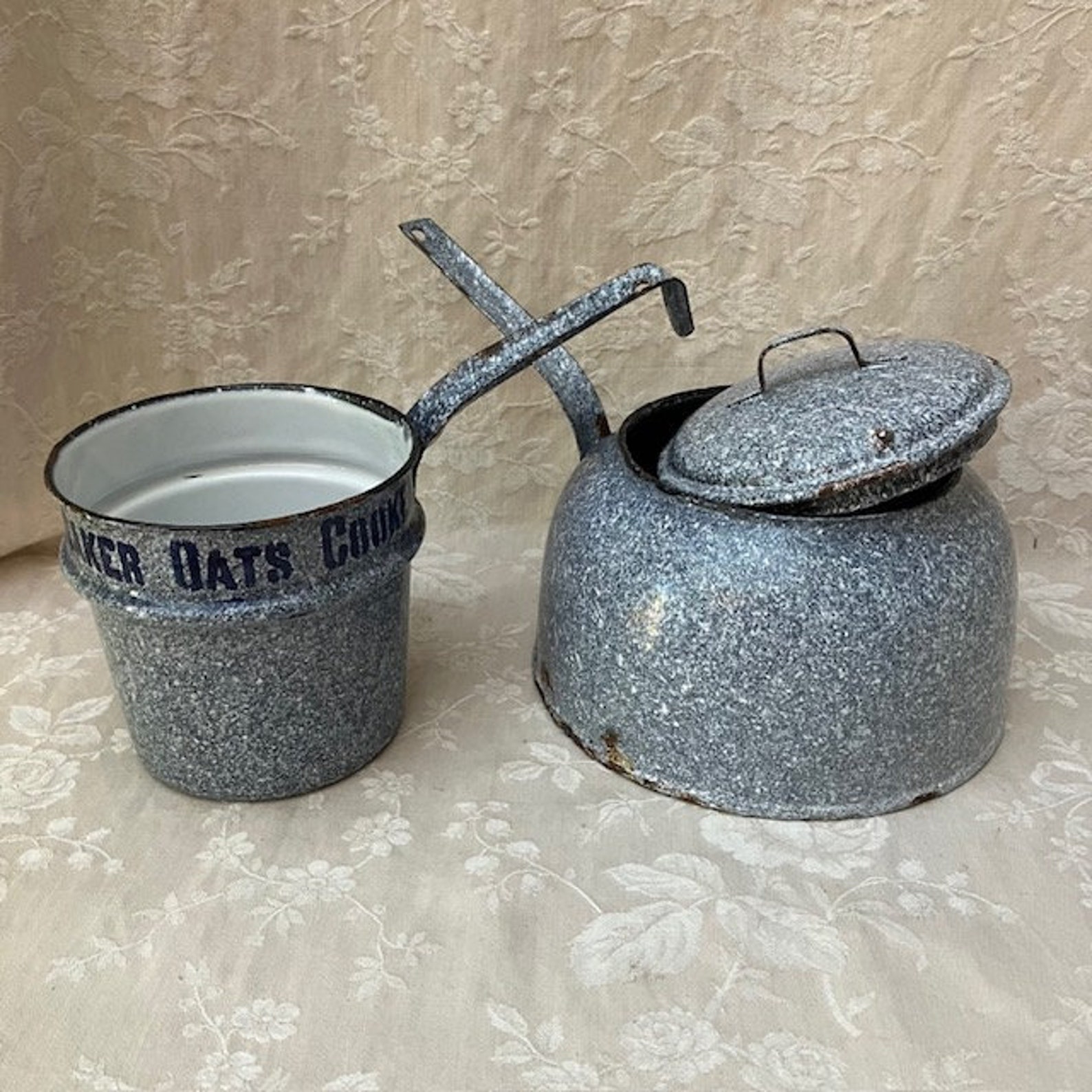 Unusual and Rare American Granite QUAKER OATS Cooker Antique Enamelware Gray Mottled Complete 3 ...