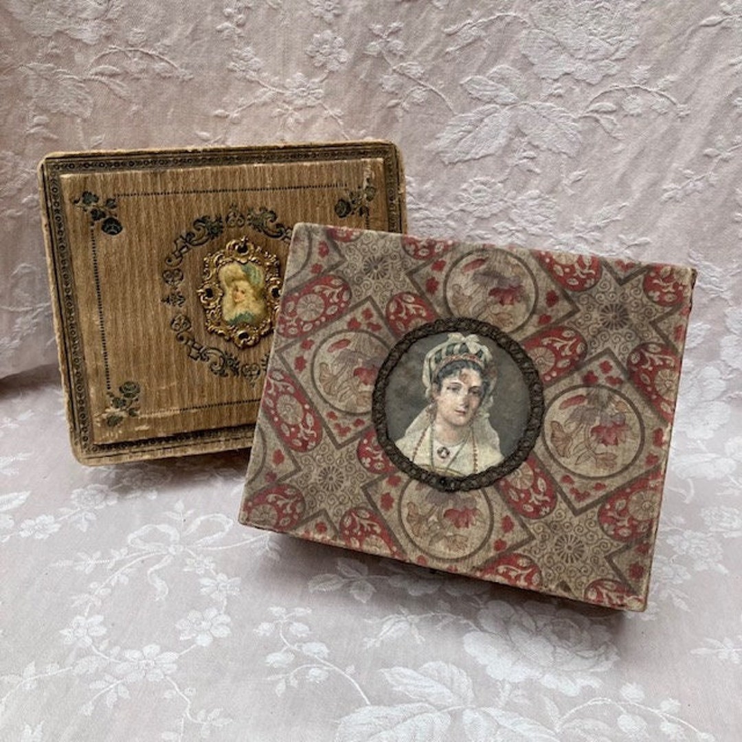 Lot 2 French Fabric BOUDOIR BOX Boxes Casket Ladies Medallion ...