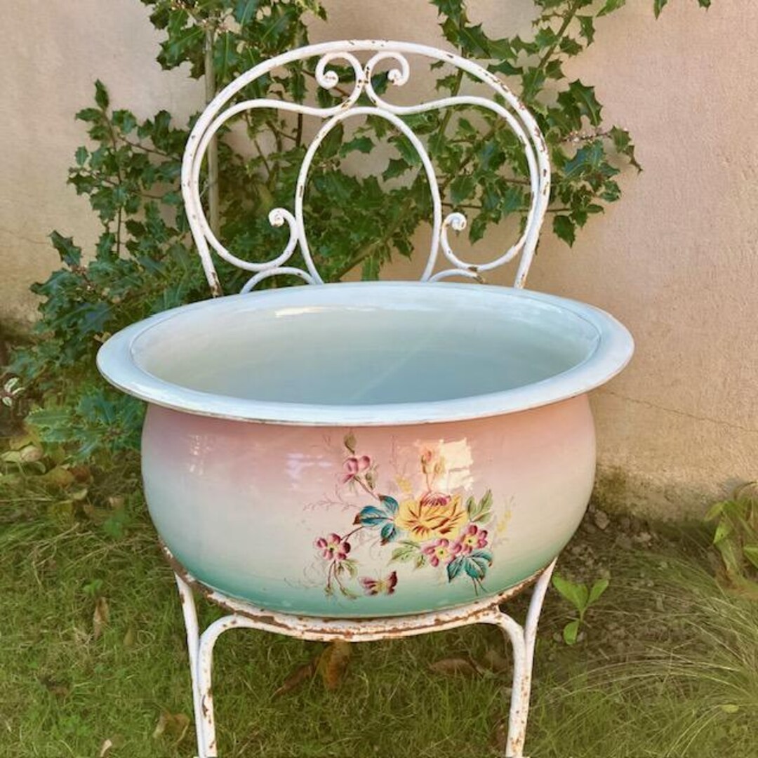 Rarest Large Antique French Enamelware FOOT BATH Roses Pink/green ...