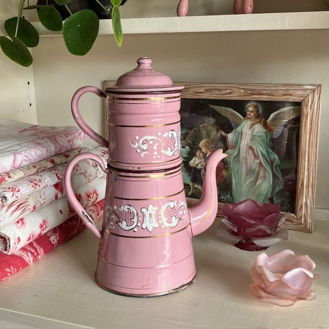 Charming Antique French Enamelware PARIS Pink COFFEEPOT Coffee Biggin ...